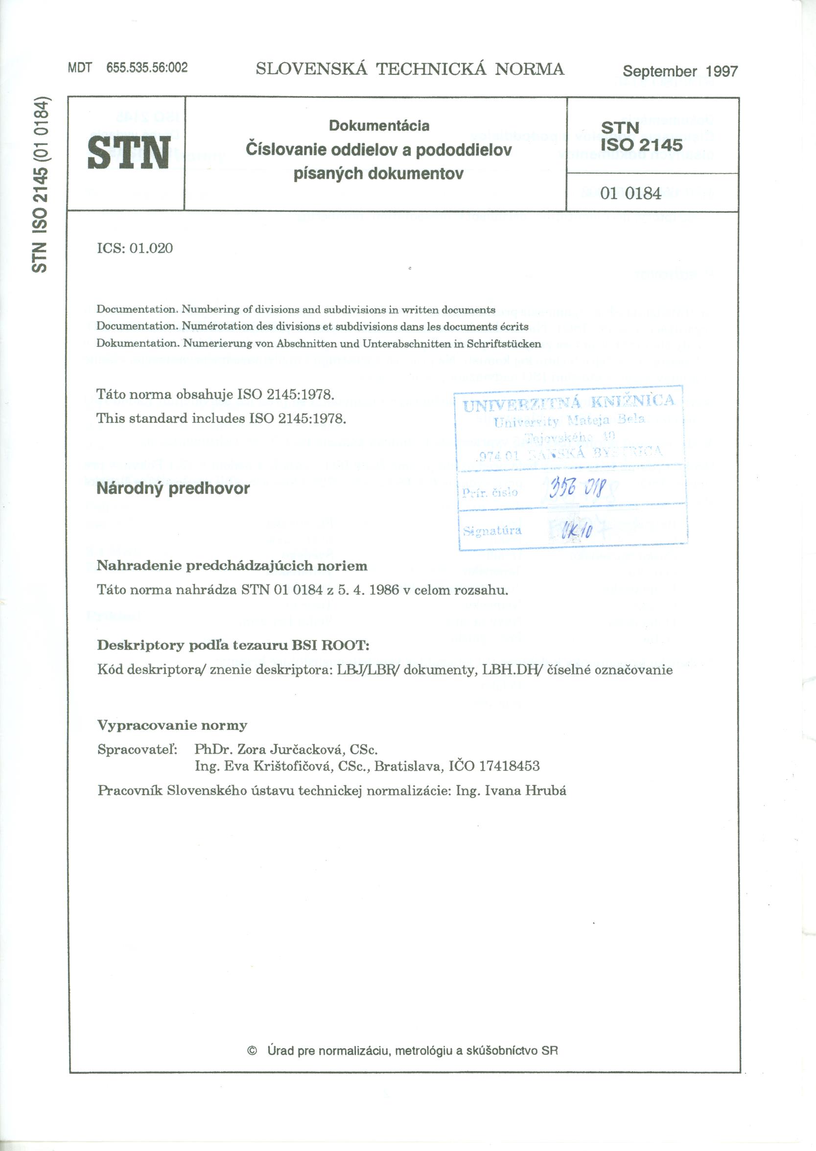 STN ISO 2145 Číslovanie oddielov a pododdielov písaných dokumentov